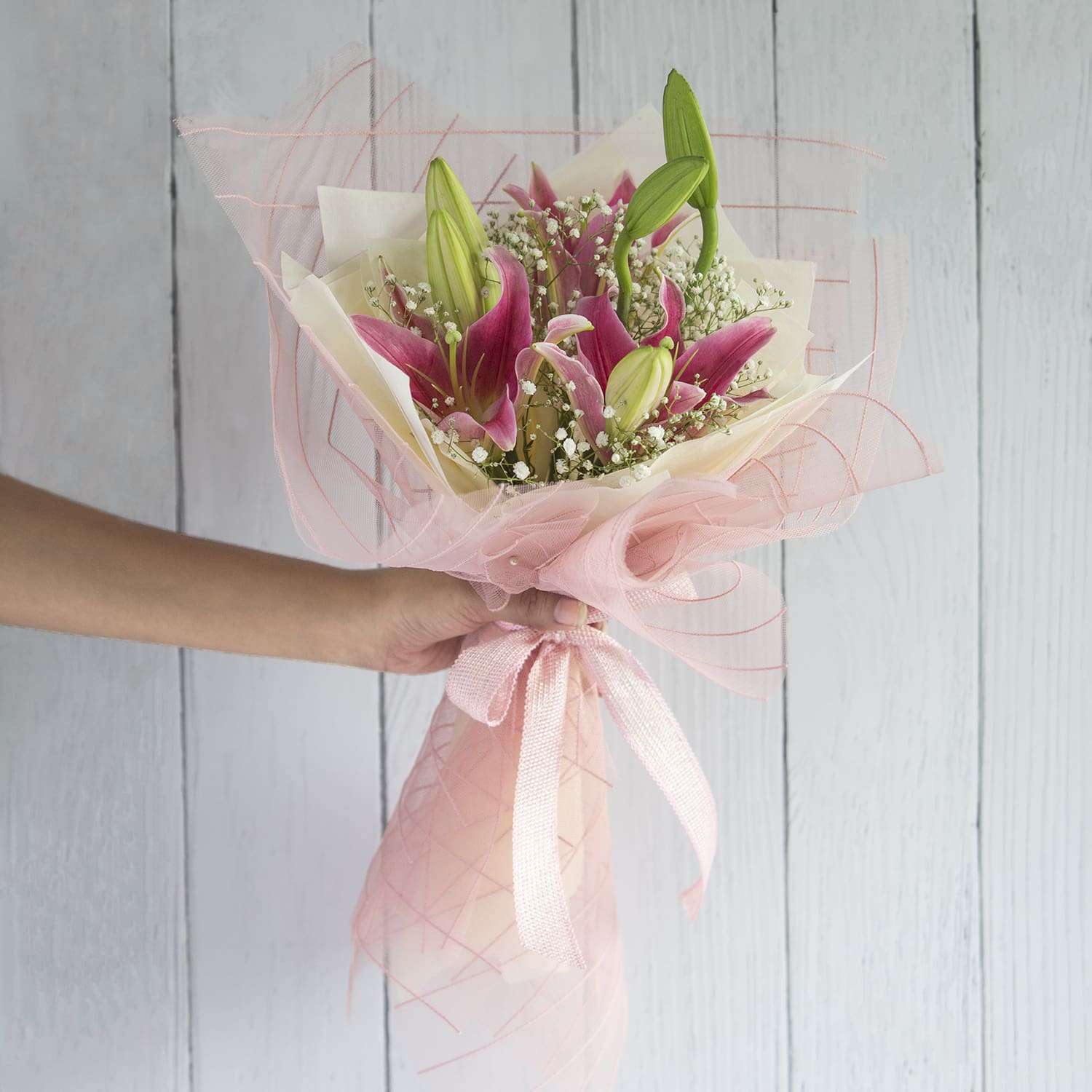 Hand Bouquet Of Pink Oriental Lilies | Ovenfresh